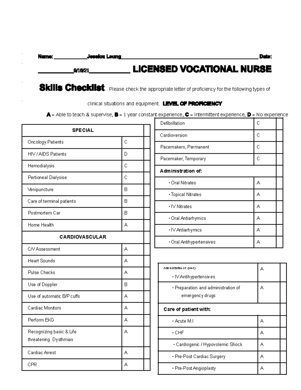 LVN Skills Checklist- fillable - Name : Jessica Leung