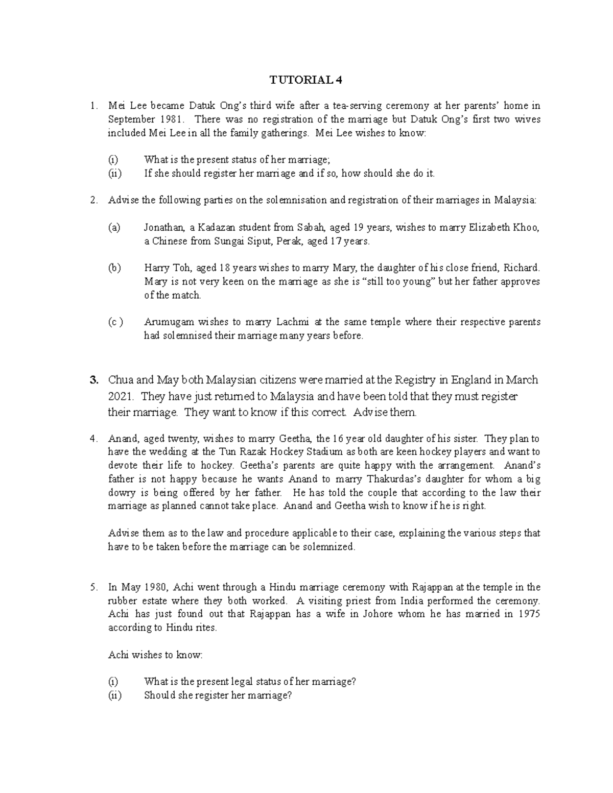 Tutorial 4 - TUTORIAL 4 Mei Lee became Datuk Ong’s third wife after a ...