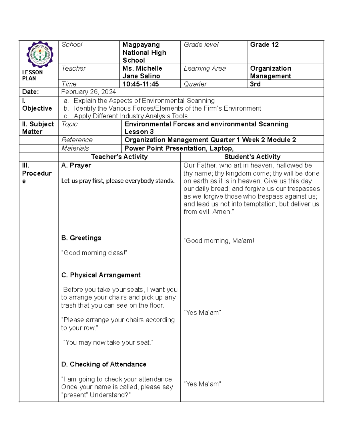 Lesson PLAN in organization Management - LESSON PLAN School Magpayang ...