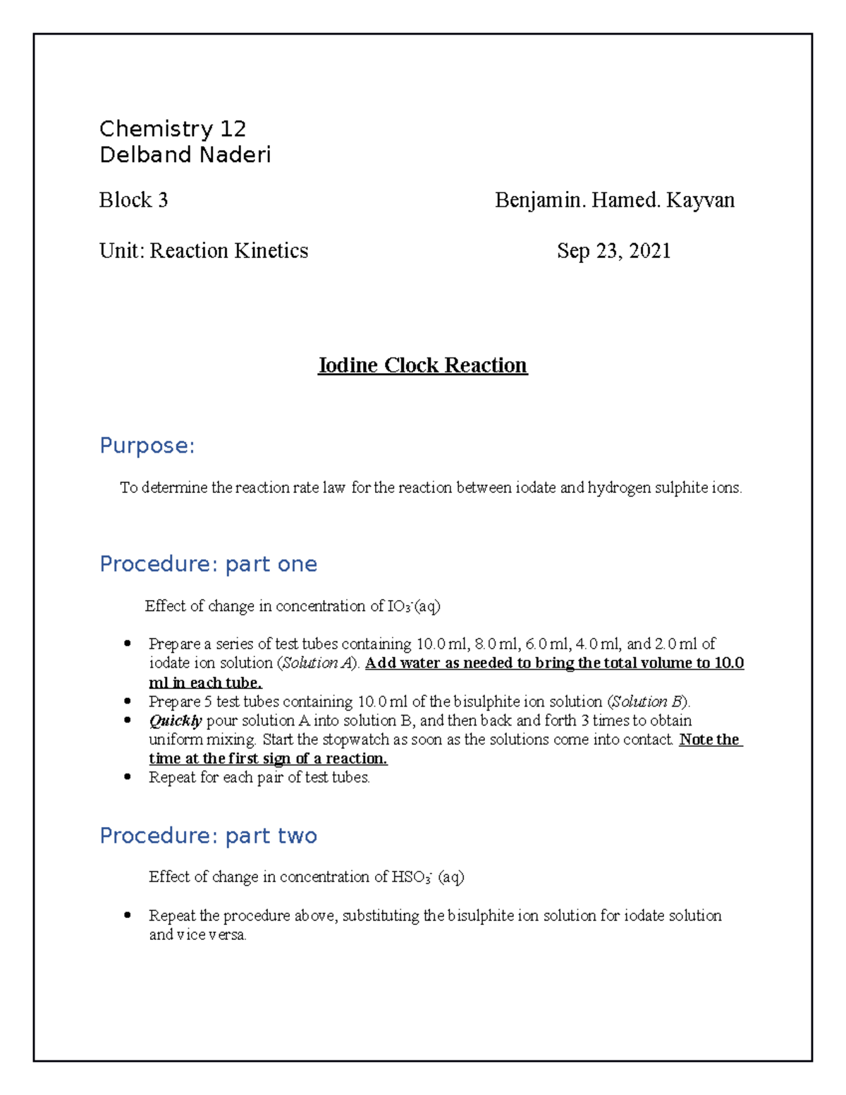 Lab Report Iodine Clock Reaction - Chemistry 12 Delband Naderi Block 3 ...