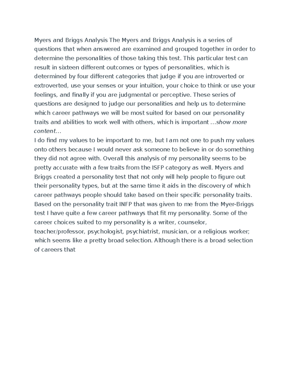 Myers and Briggs - written assignment - Myers and Briggs Analysis The ...