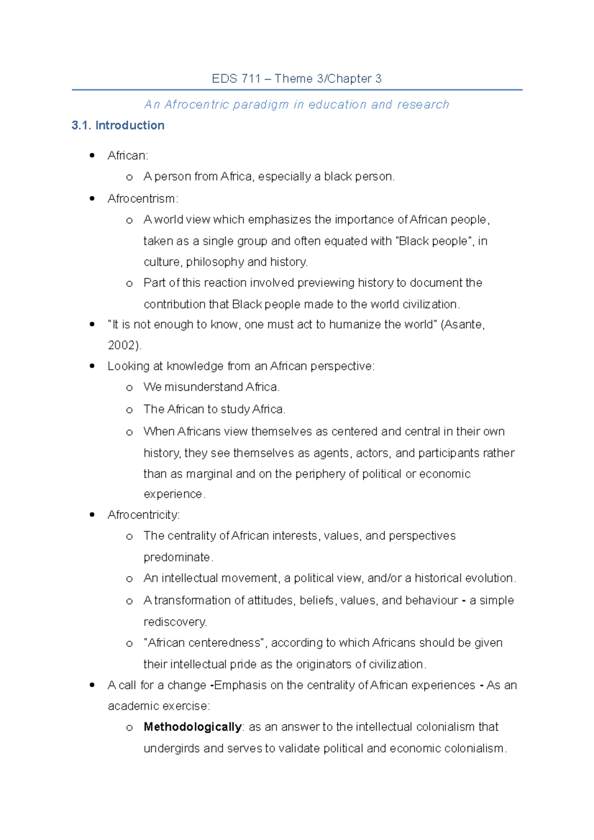 Semester Test Chapter 3 - EDS 711 – Theme 3/Chapter 3 An Afrocentric ...