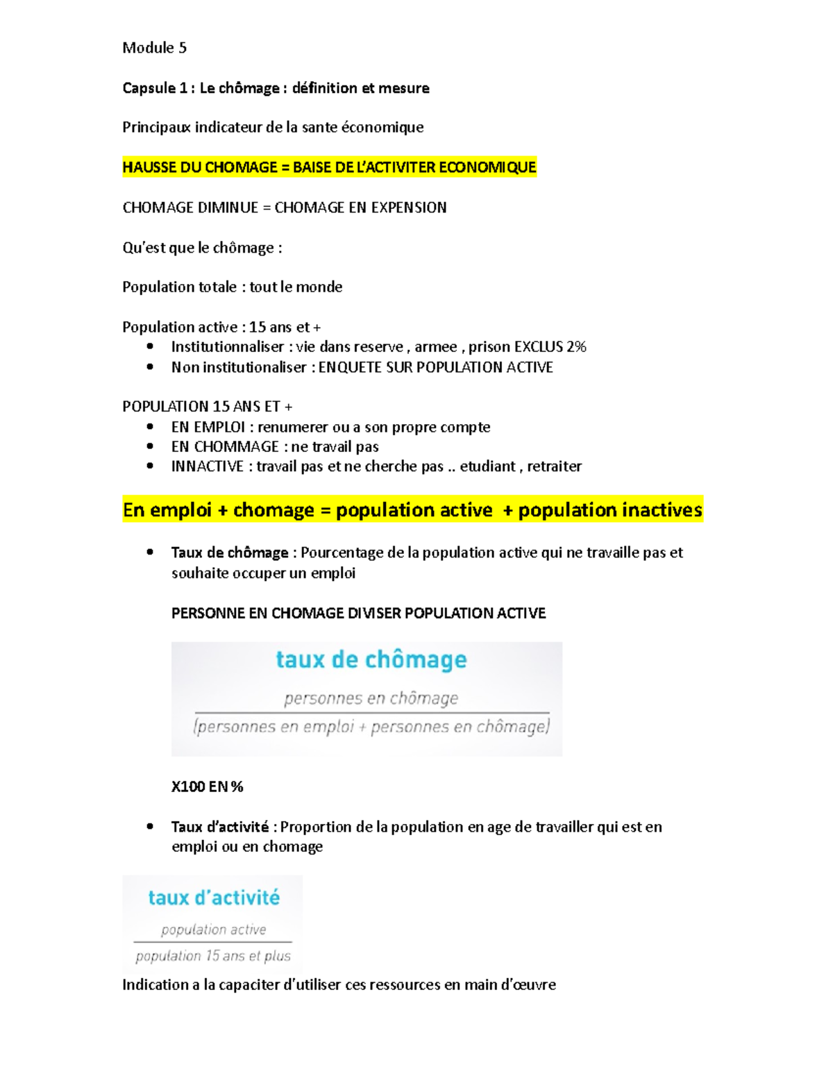 Module 5-6-7-8 - NOTES - Module 5 Capsule 1 : Le chômage : définition ...