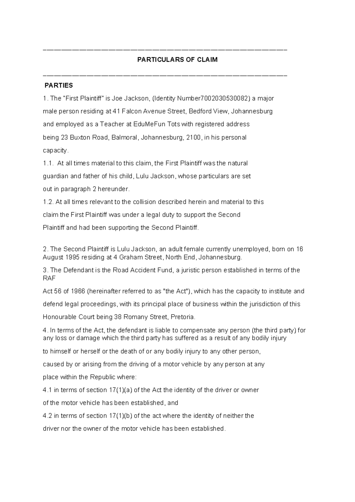 Particulars OF Claim-lulu Jackson - - Studocu
