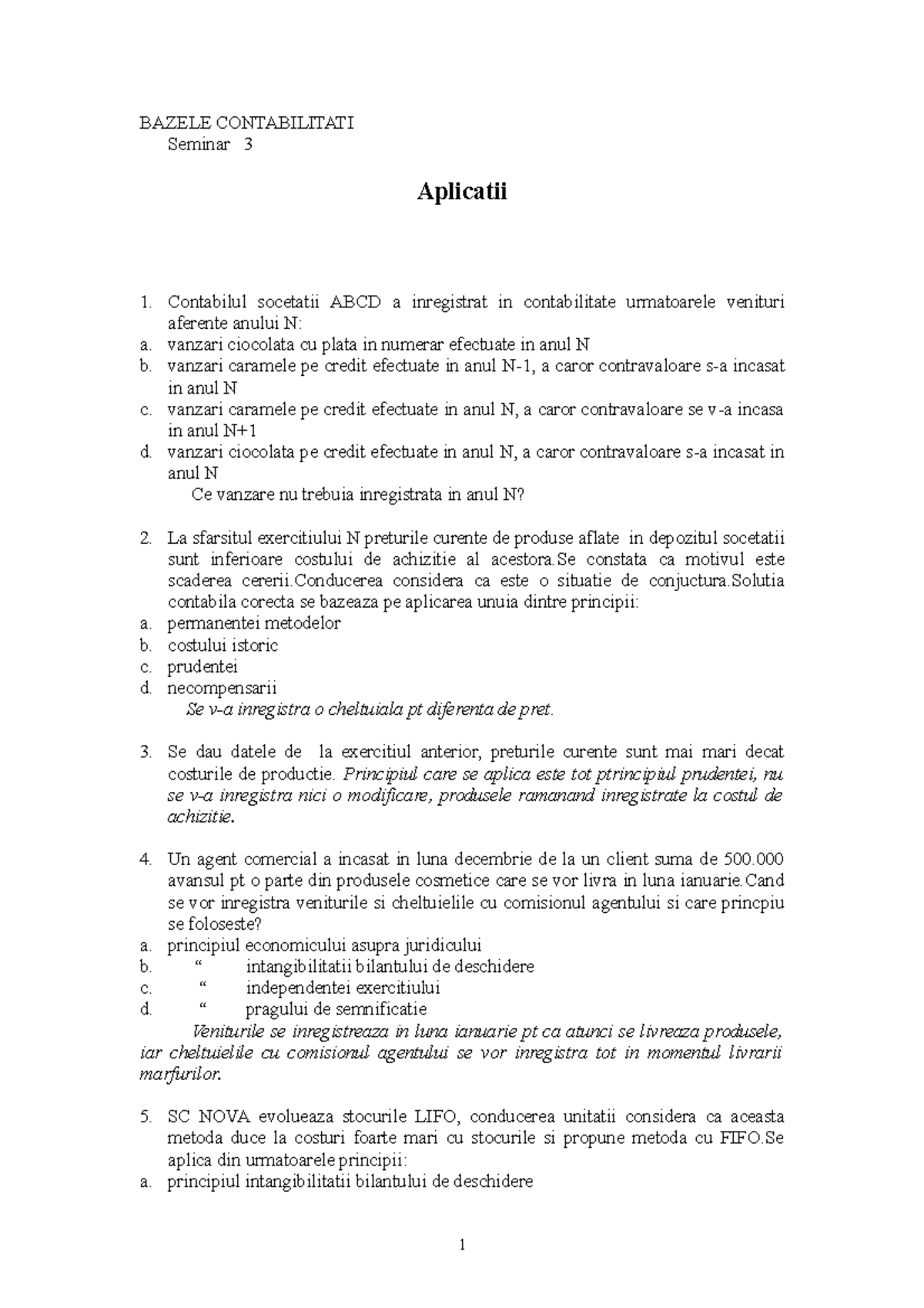 Contabilitate - Seminar 3 - BAZELE CONTABILITATI Seminar 3 Aplicatii 1 ...