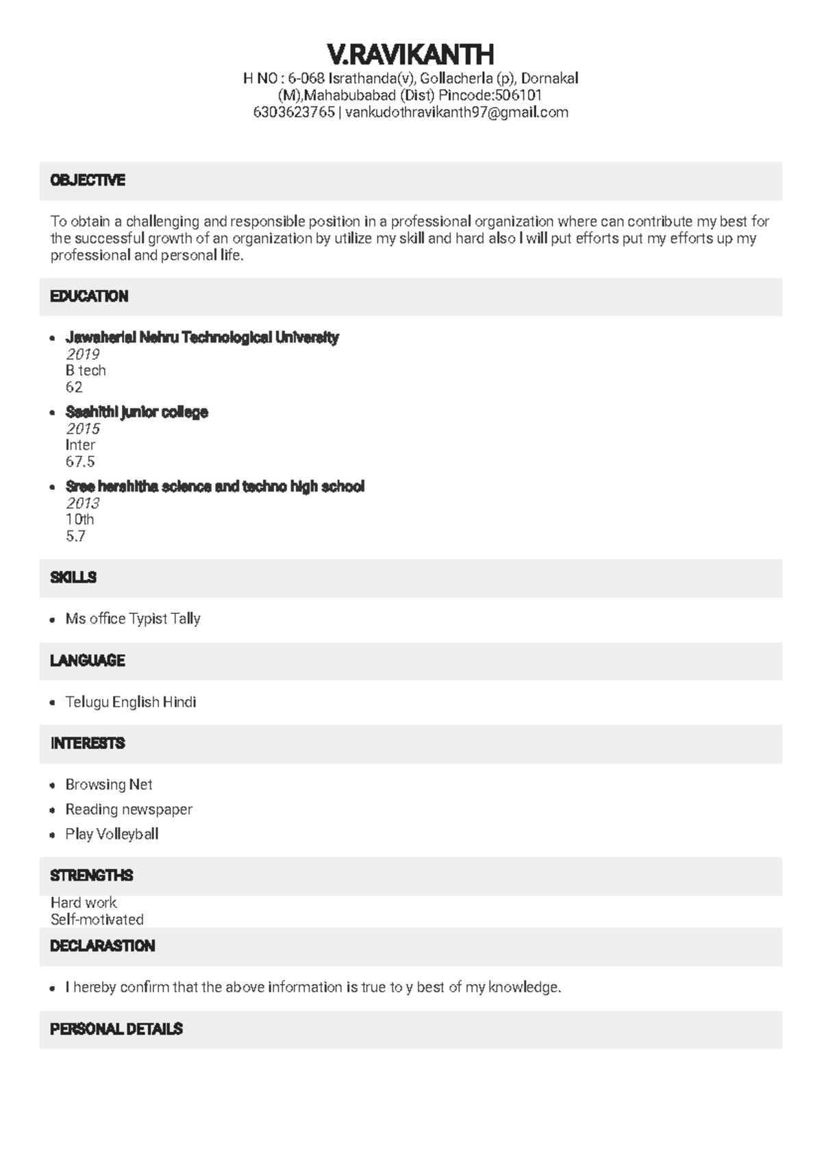 Ravikanth CV - Prabaker - V H NO : 6-068 Israthanda(v), Gollacherla (p), Dornakal (M ...