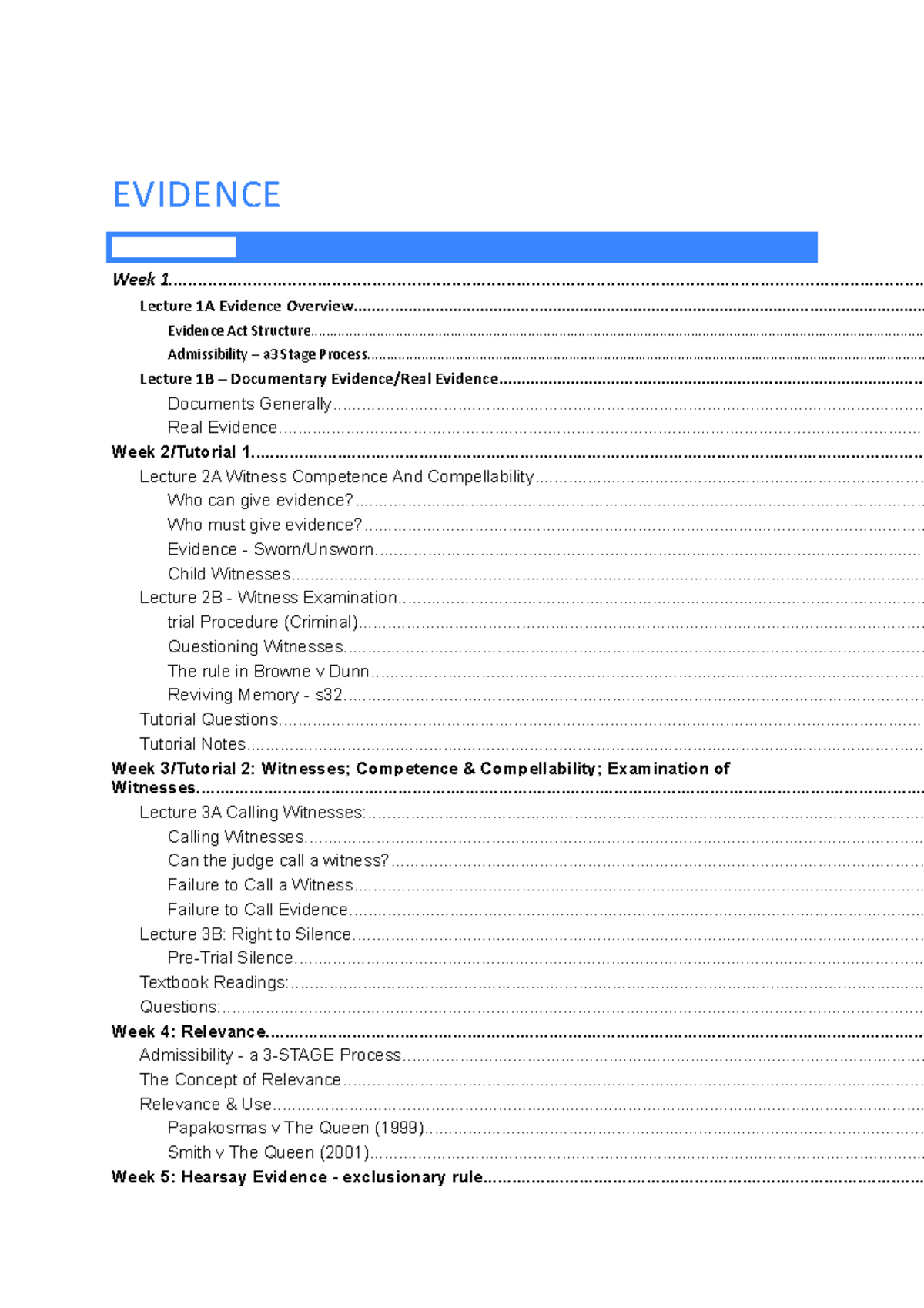 Evidence Notes - weeks 1-12 - EVIDENCE TABLE OF CONTENTS Week - Studocu