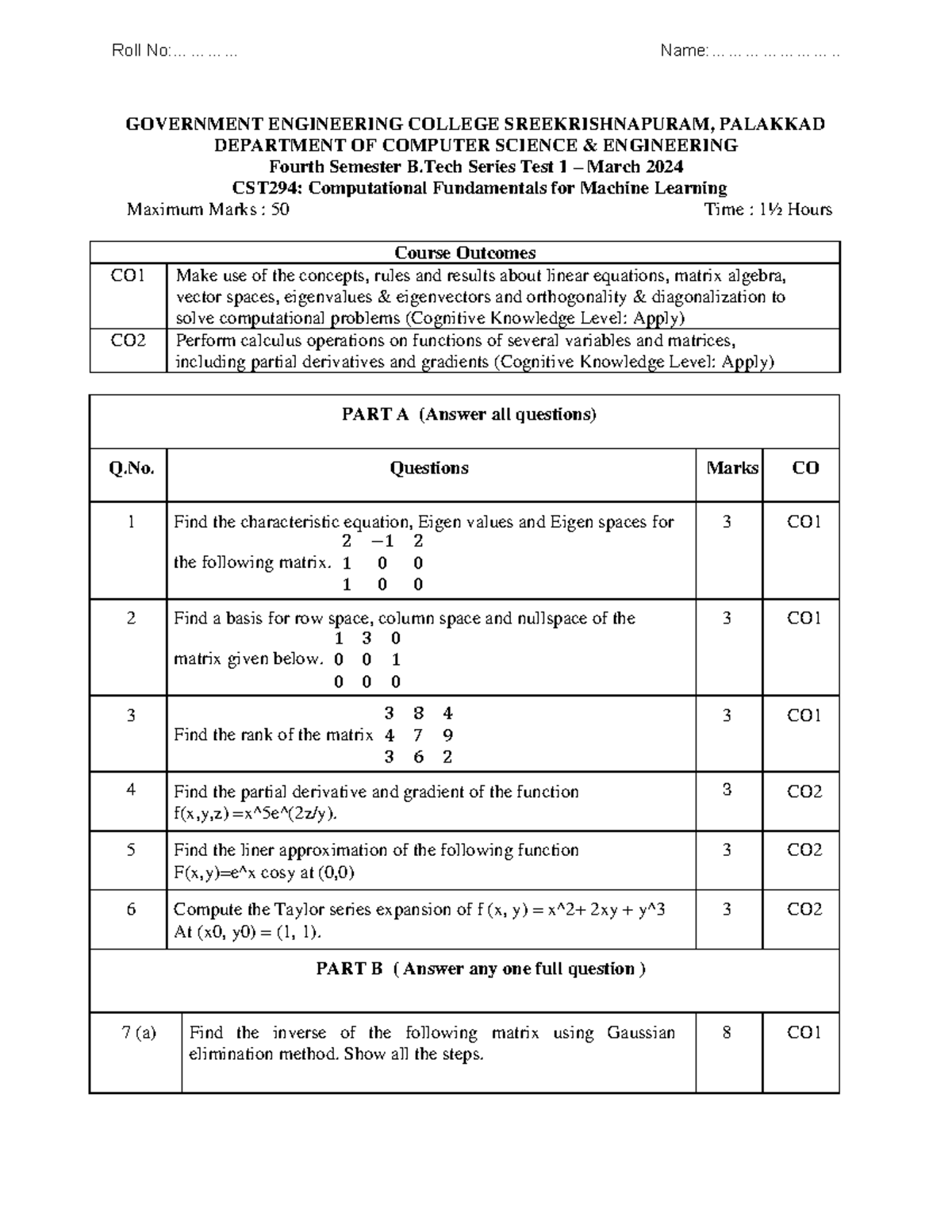 Series 1-QP-CST 294 - Roll No:............ Name:....................... GOVERNMENT ENGINEERING ...