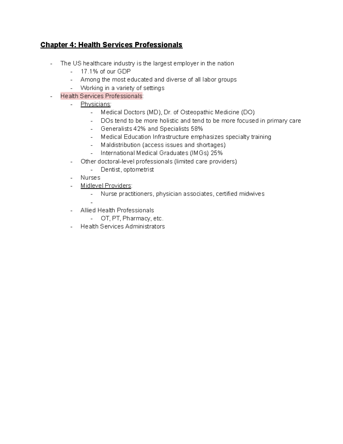 Chapter 4 USGH - Dr. Howley - Chapter 4: Health Services Professionals ...