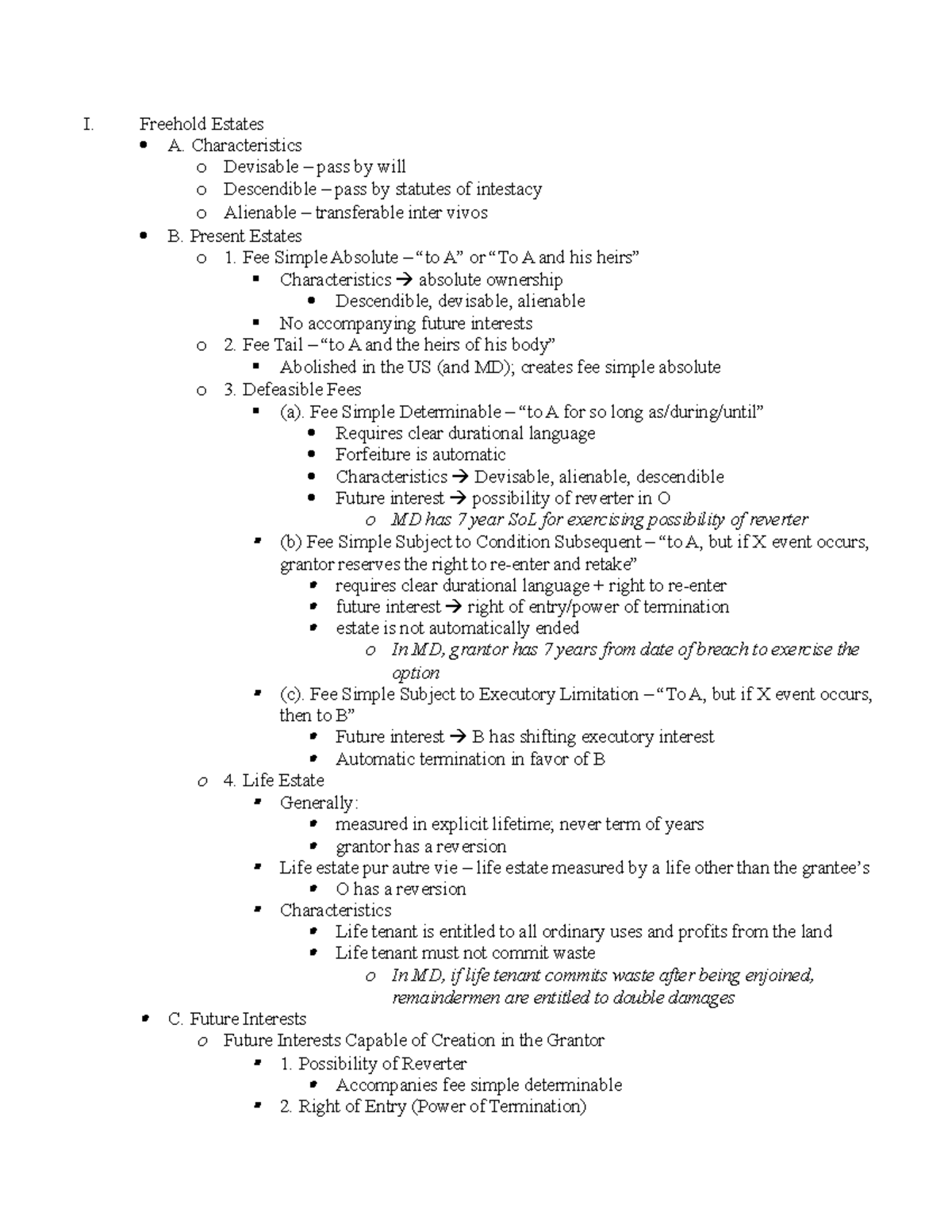 Real Property Outline - I. Freehold Estates A. Characteristics o ...