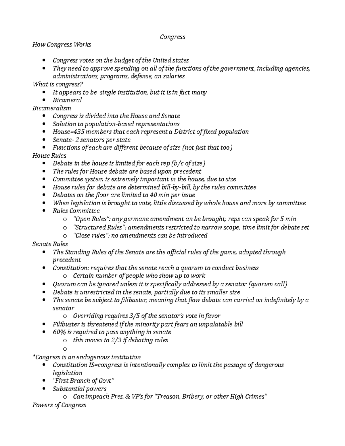 Notes: Congress - Congress How Congress Works Congress votes on the ...