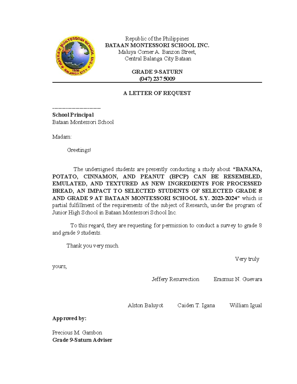 Approval Letter - Republic of the Philippines BATAAN MONTESSORI SCHOOL ...