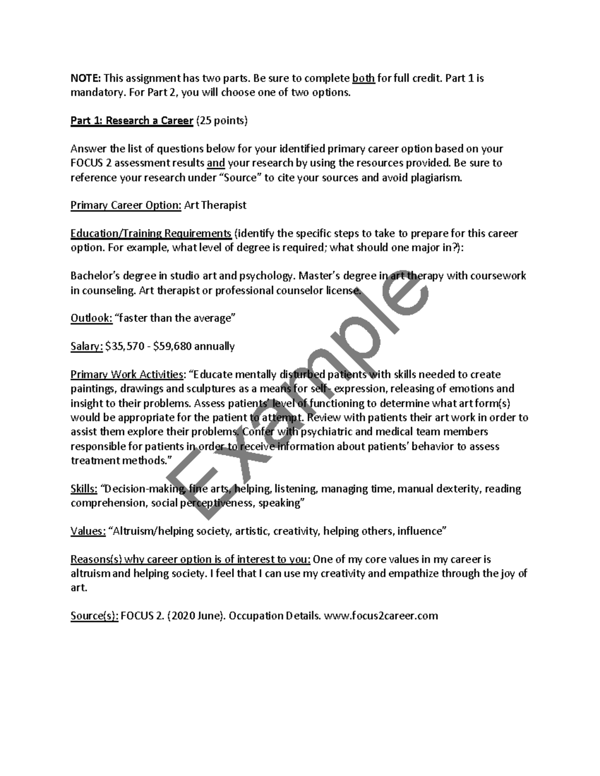 Career Research Worksheet Example - NOTE: This assignment has two parts ...