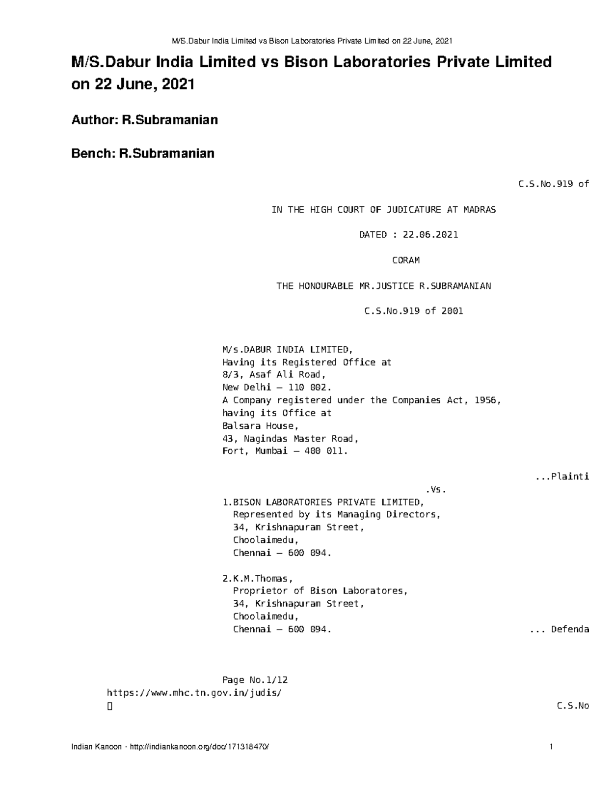 M S Dabur India Limited vs Bison Laboratories Private Limited on 22 ...