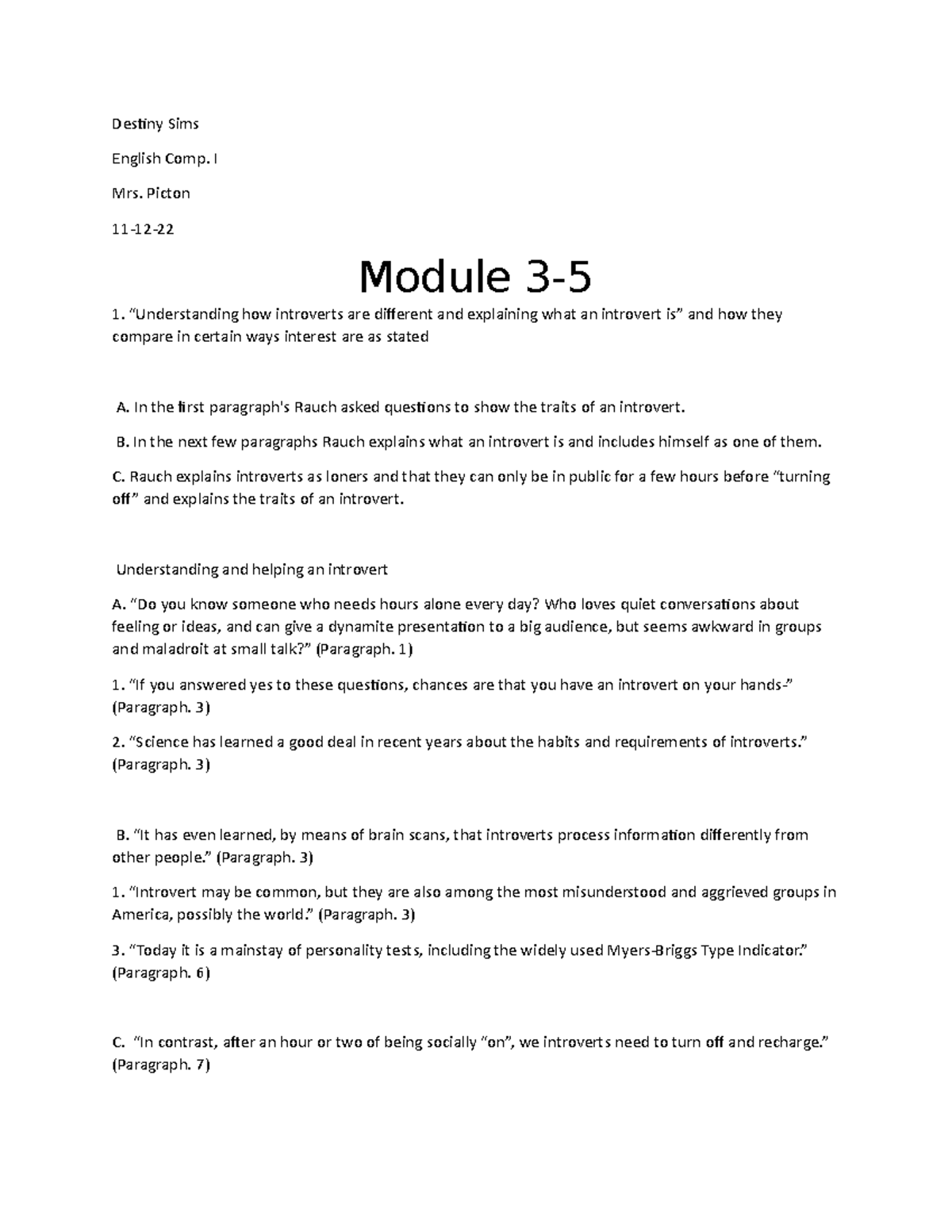 Module 3-5 - Caring for your introvert - Destiny Sims English Comp. I ...