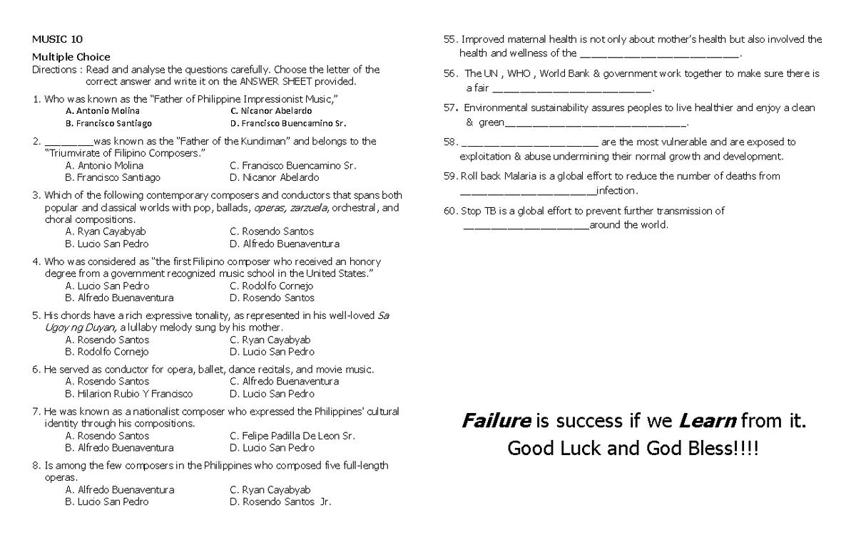 Toaz - MUSIC 10 Multiple Choice Directions : Read and analyse the ...