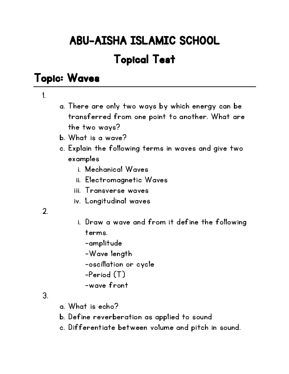 Topical test 2 - by me - ABU-AISHA ISLAMIC SCHOOL Topical Test Topic ...