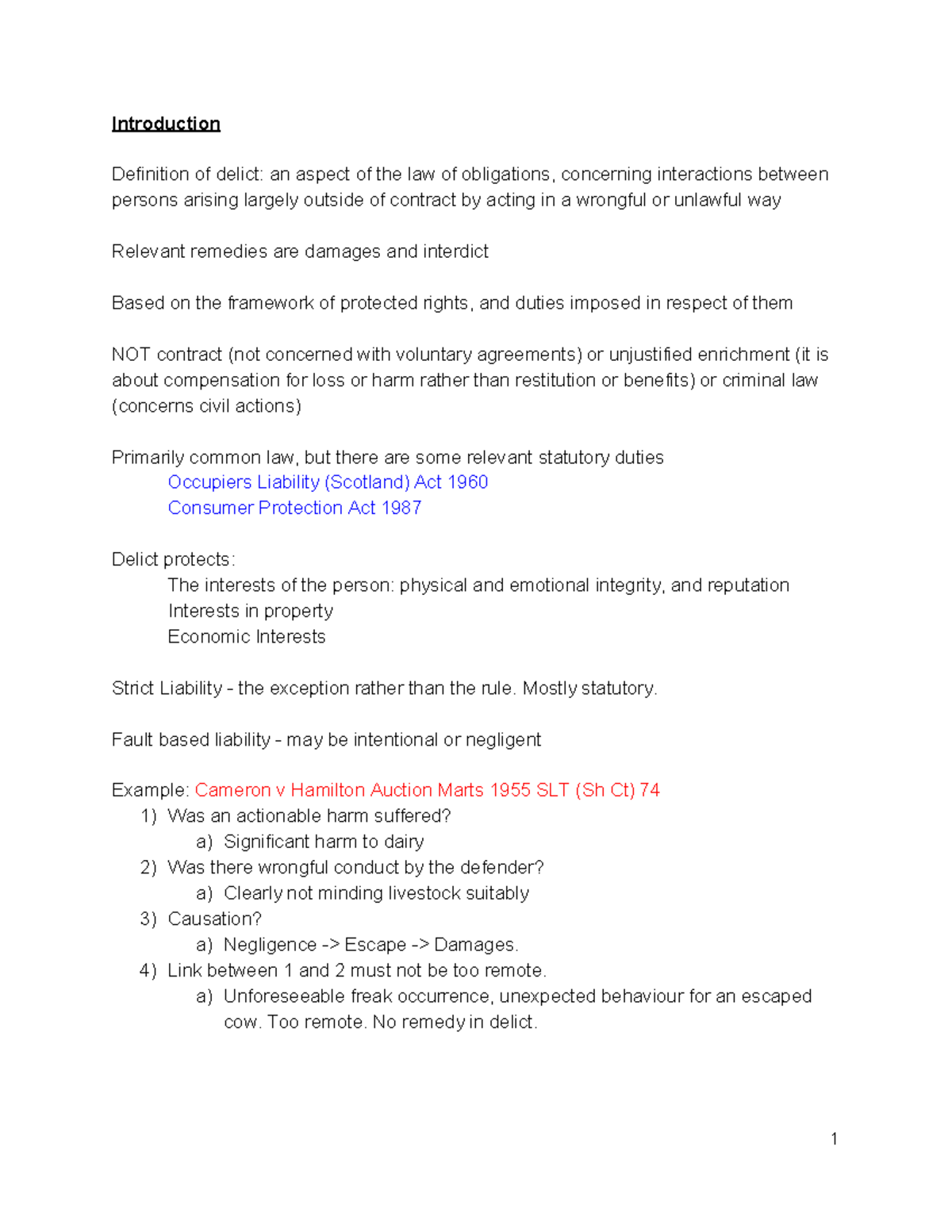 Delict Notes - Key points and authorities - Introduction Definition of ...