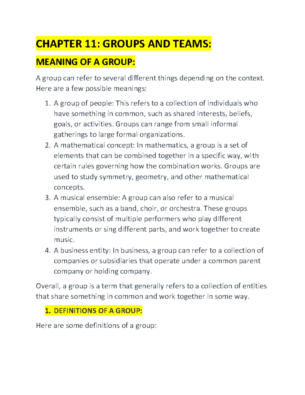 Chapter 11 Groups AND Teams - CHAPTER 11: GROUPS AND TEAMS: MEANING OF A GROUP: A group can ...