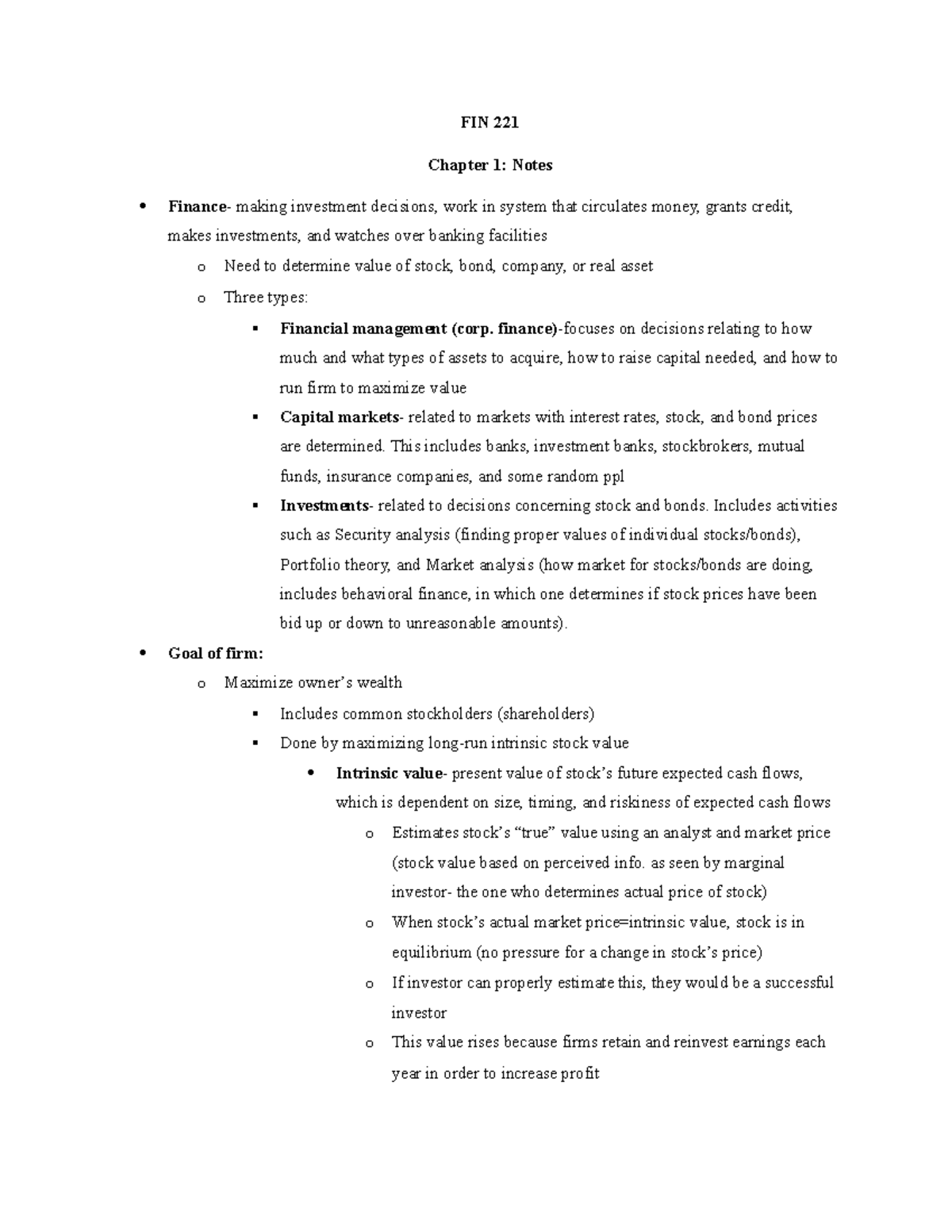 FIN 221 Chapter 1 - Lecture notes 1 - FIN 221 Chapter 1: Notes Finance ...