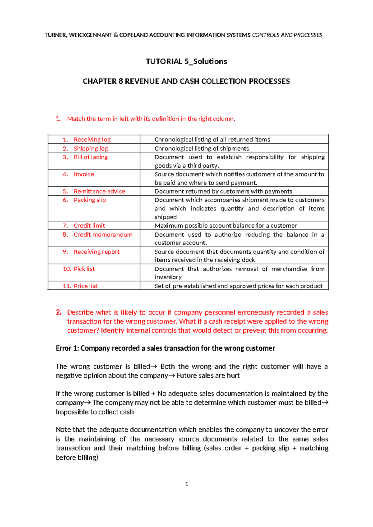 AIS Tutorial 5 Solutions - TUTORIAL 5_Solutions CHAPTER 8 REVENUE AND CASH COLLECTION PROCESSES ...