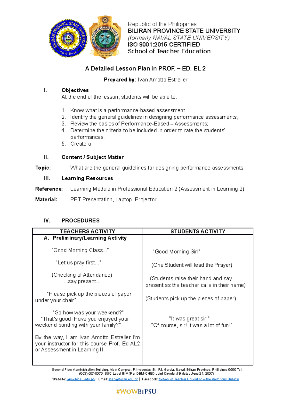 A Detailed Lesson Plan in Profed (Demo Teaching) - Republic of the ...