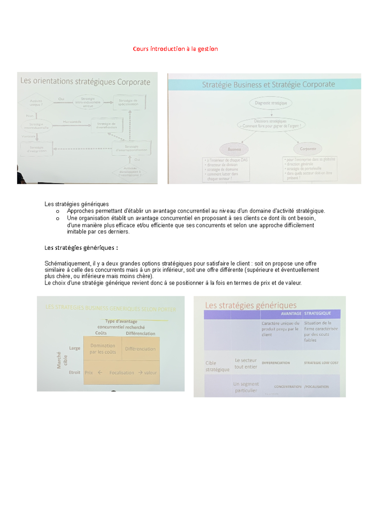 Introduction a la gestion cours 6 - Cours introduction à la gestion Les stratégies génériques o ...