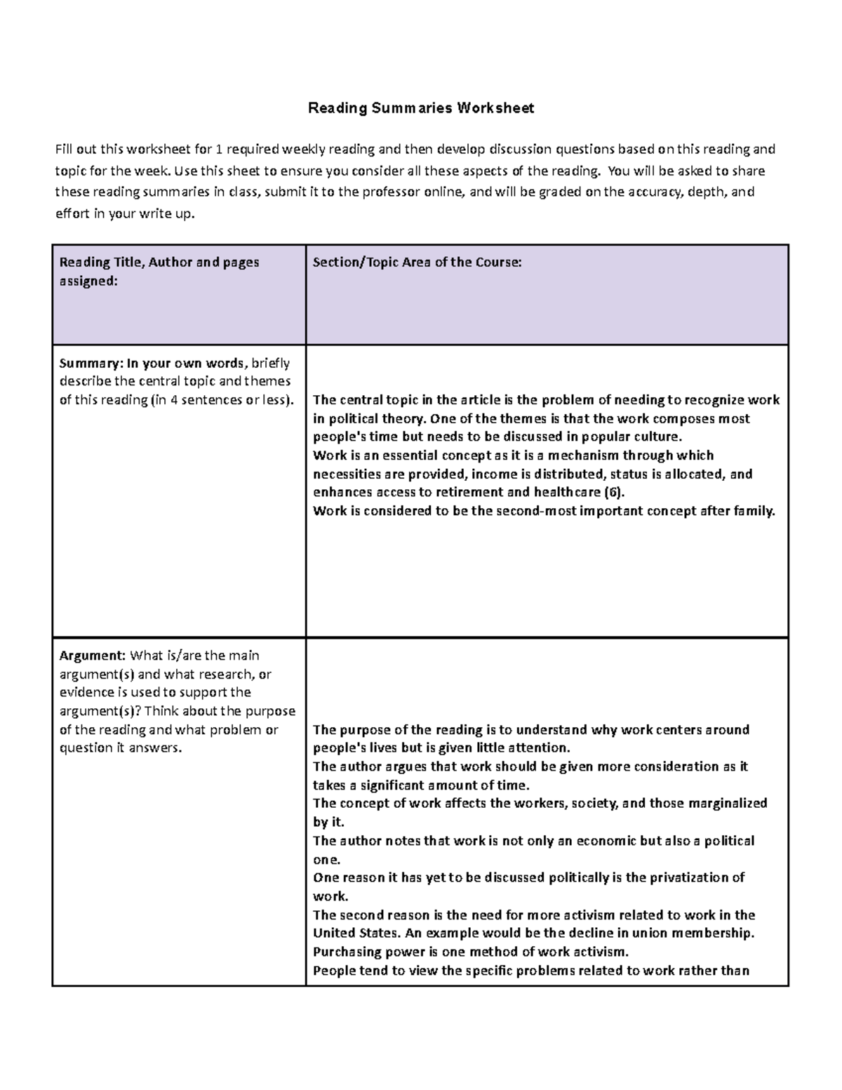 Reading summary - Reading Summaries Worksheet Fill out this worksheet ...