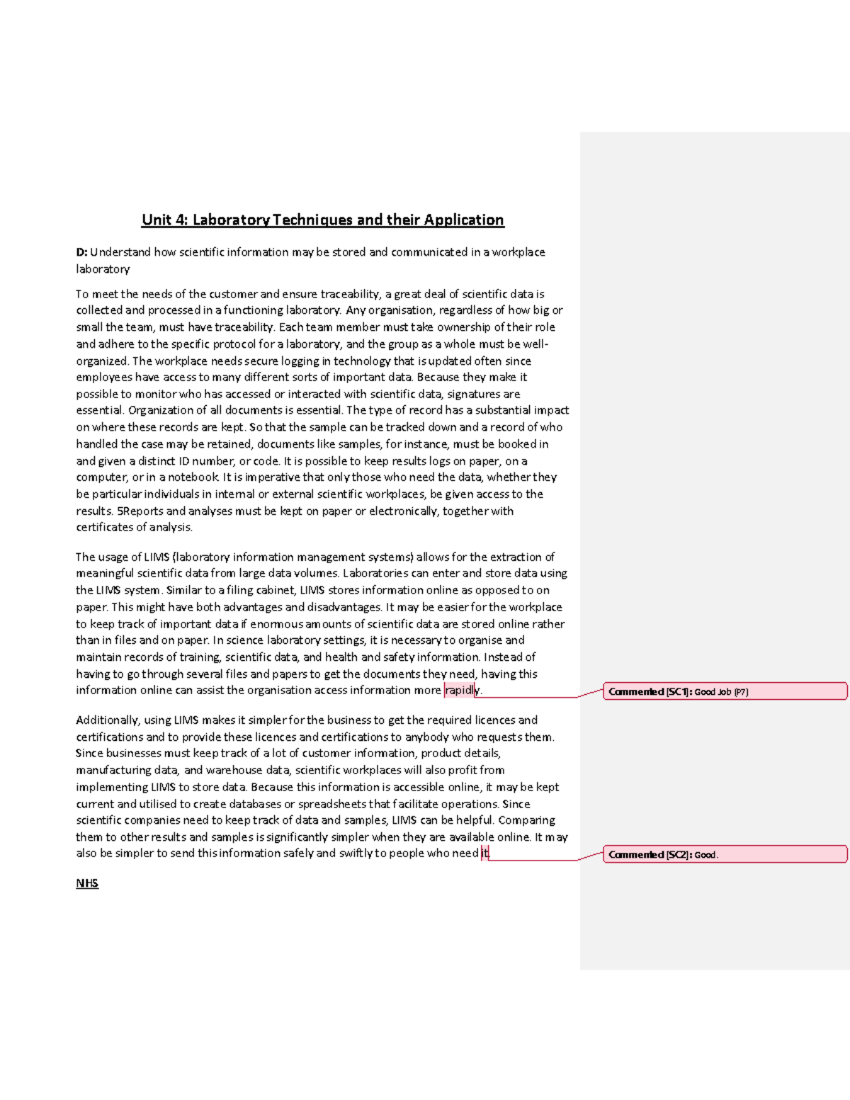 Unit 4 - Assignment 4 - Unit 4: Laboratory Techniques and their ...