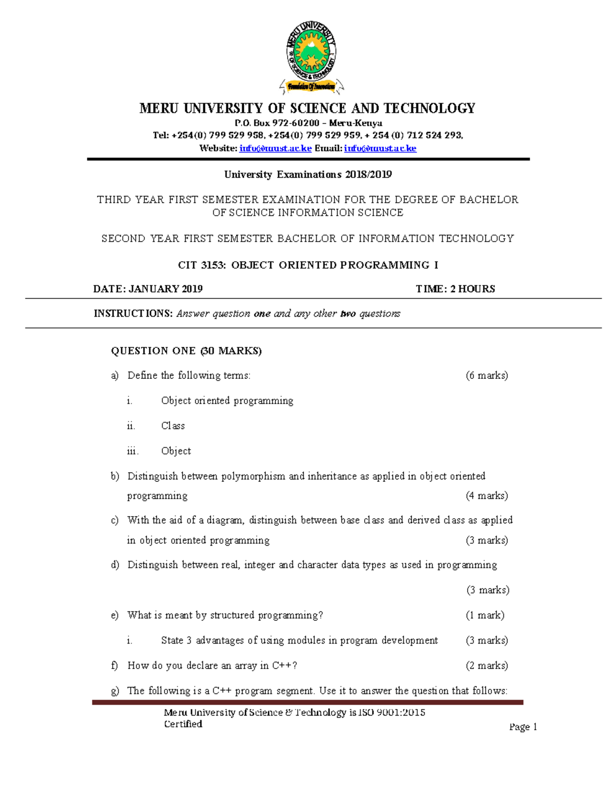 Cit 3153 Object Oriented Programming I Meru University Of Science