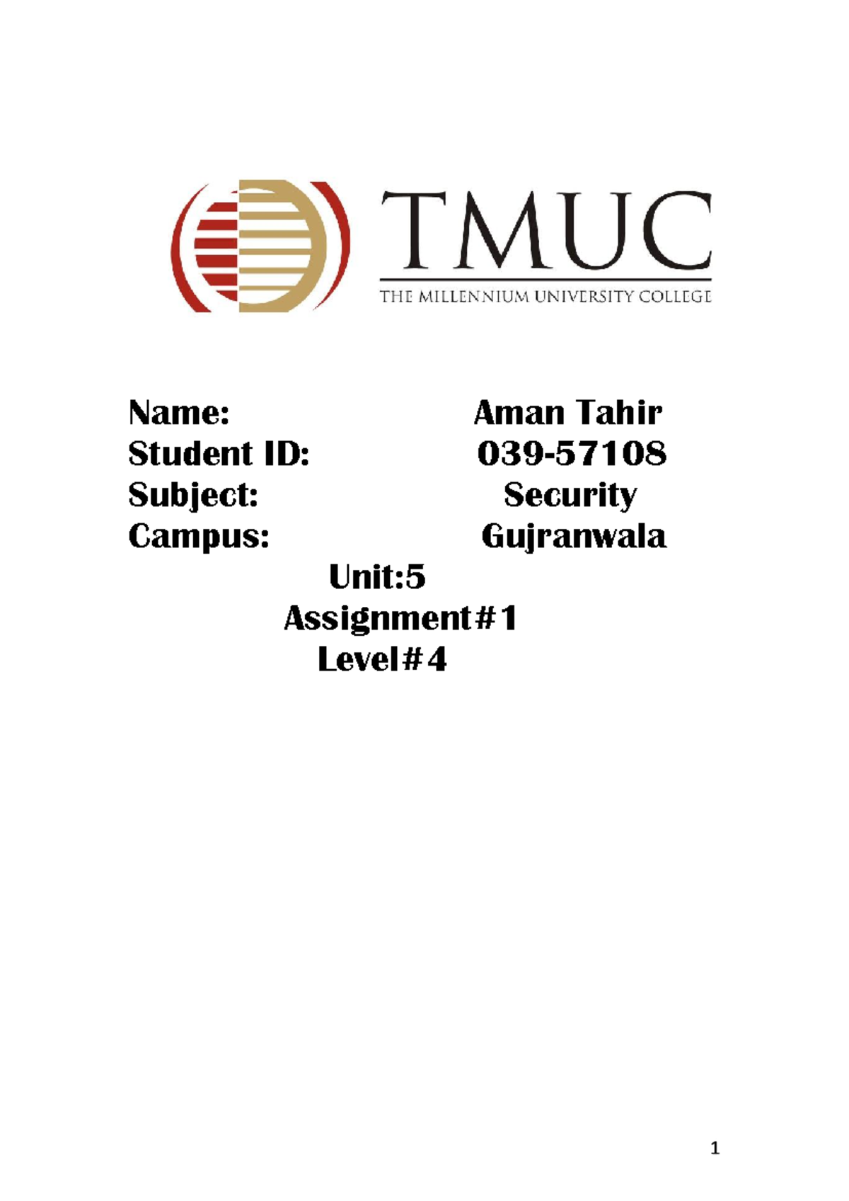 Security LO1 - Name: Aman Tahir Student ID: 039- Subject: Security Campus: Gujranwala Unit ...