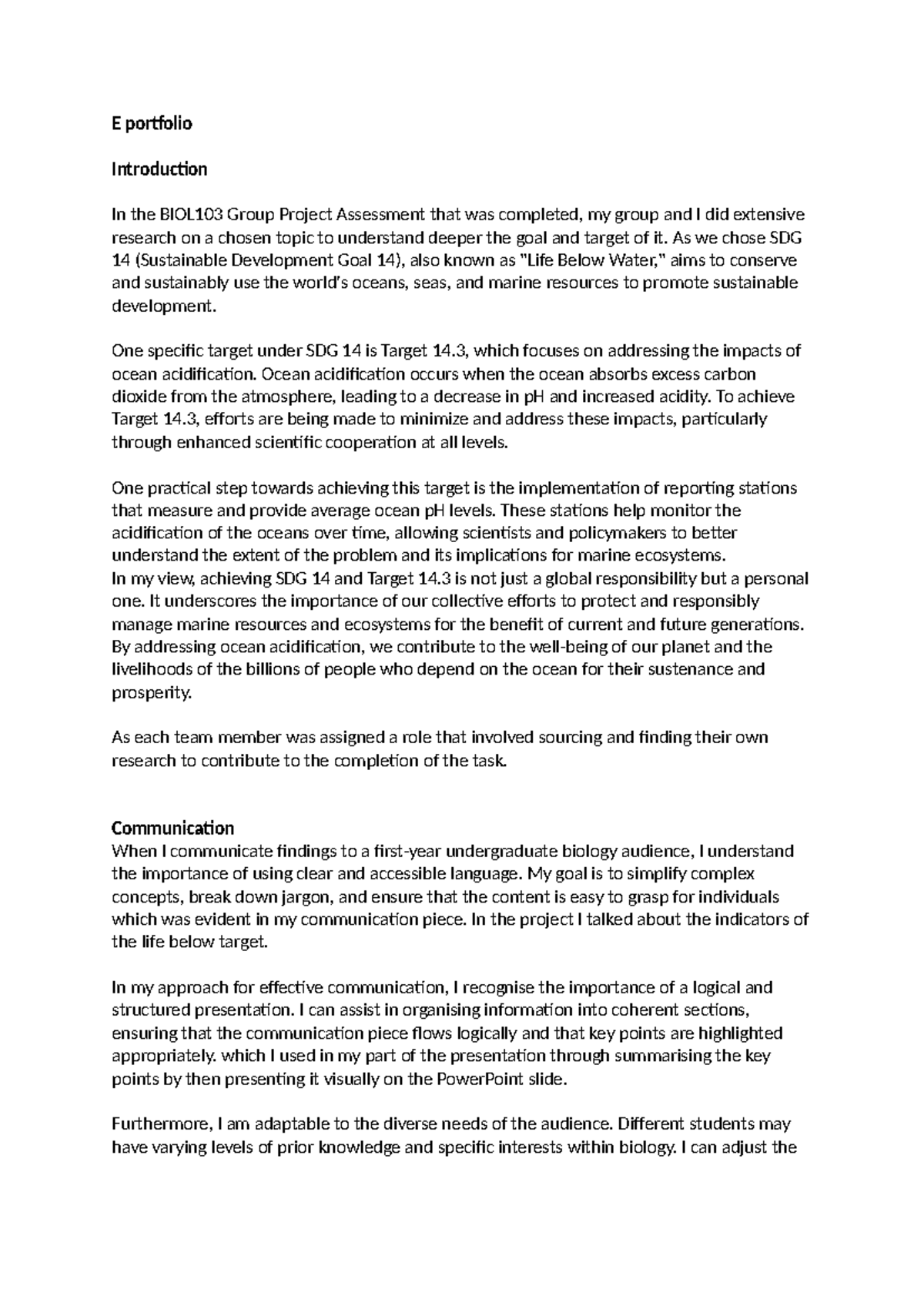 E portfolio -bio example - E portfolio Introduction In the BIOL103 ...