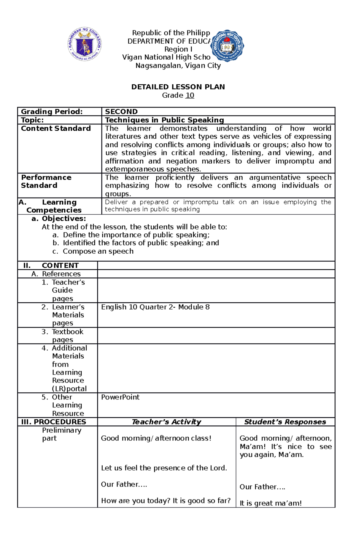 Public speaking - Republic of the Philippines DEPARTMENT OF EDUCATION ...