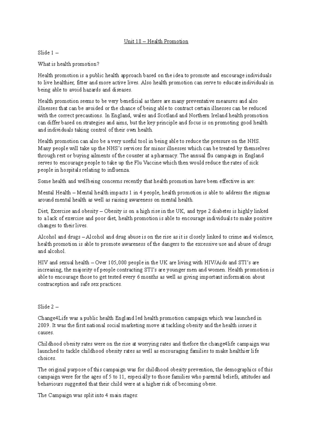 Learn Direct - Unit 18 - Health Promotion Notes - PA13MR099U - Studocu