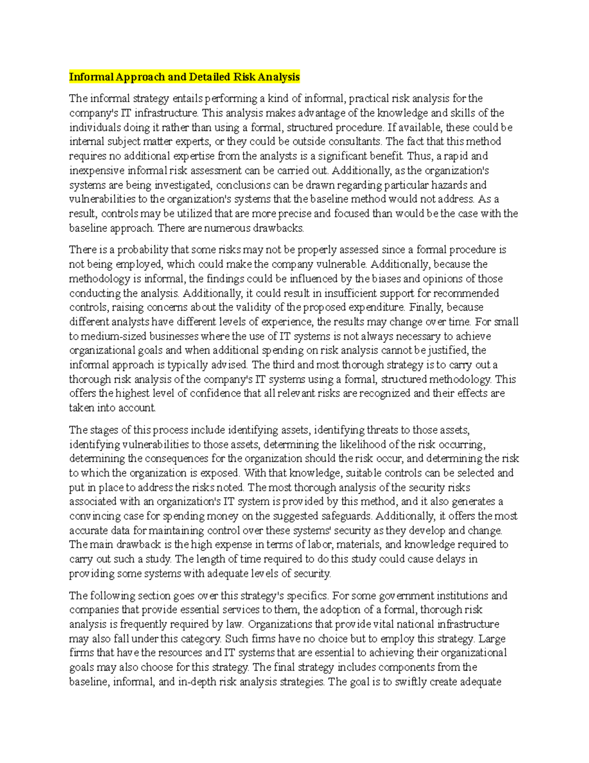 Informal Approach and Detailed Risk Analysis - This analysis makes ...