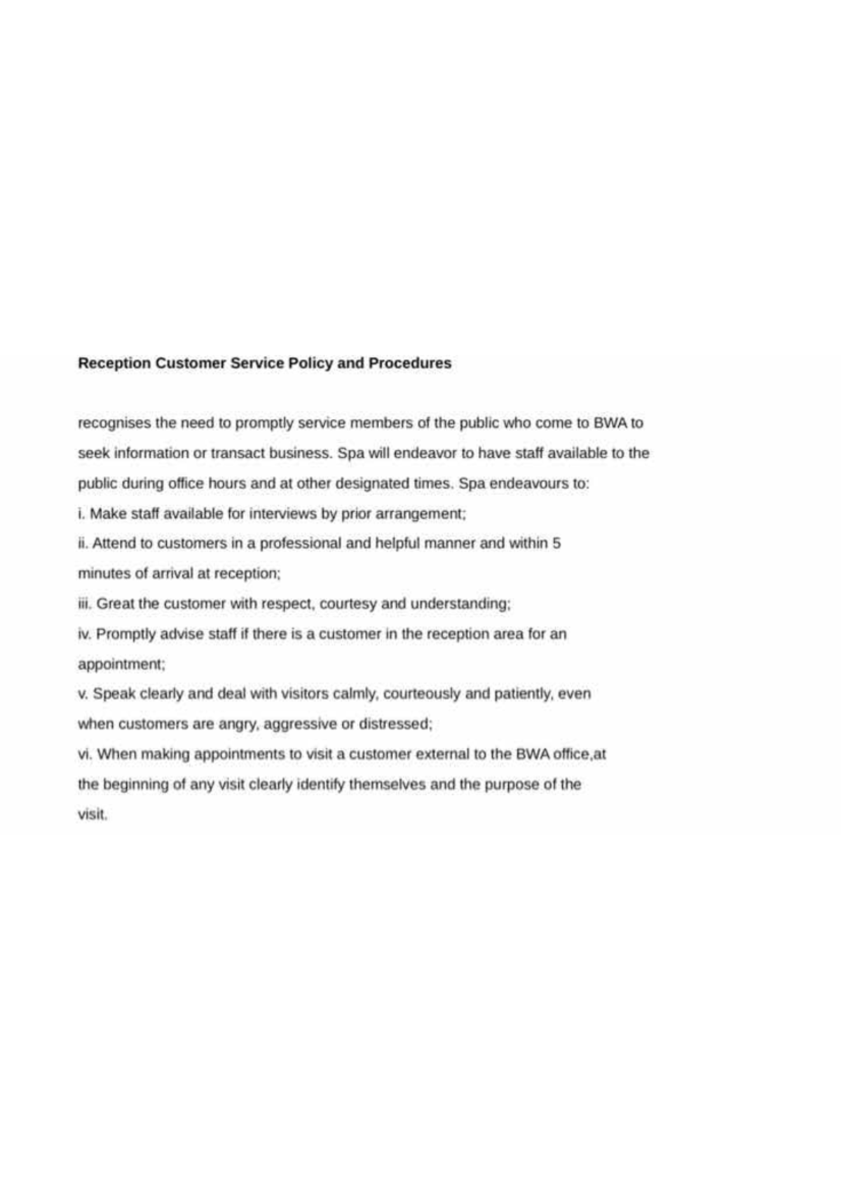 Reception Customer Service Policy and Procedures - Corporate Accounting ...