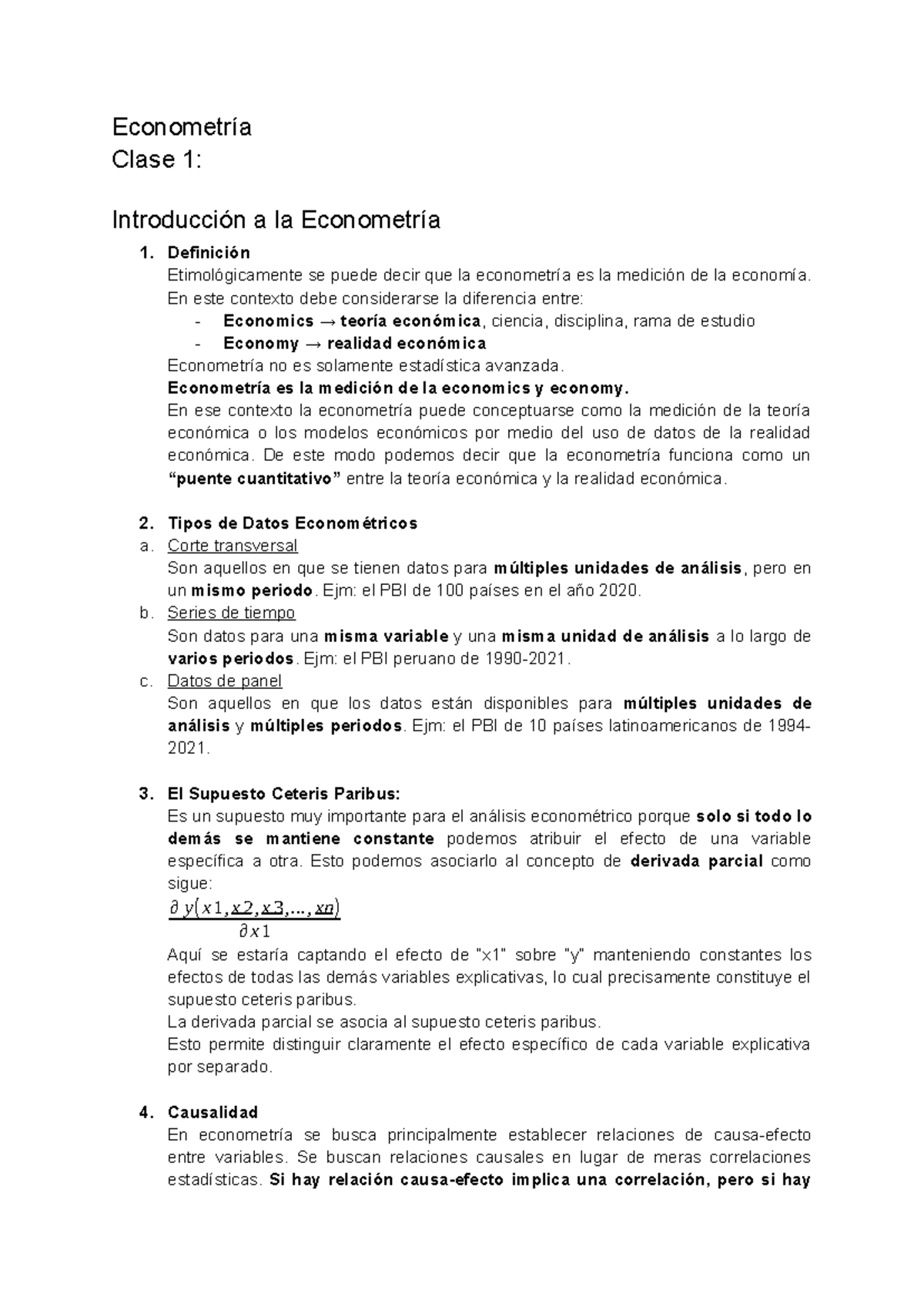Econometría clases - Econometría Clase 1: Introducción a la Econometría 1. Definición - Studocu