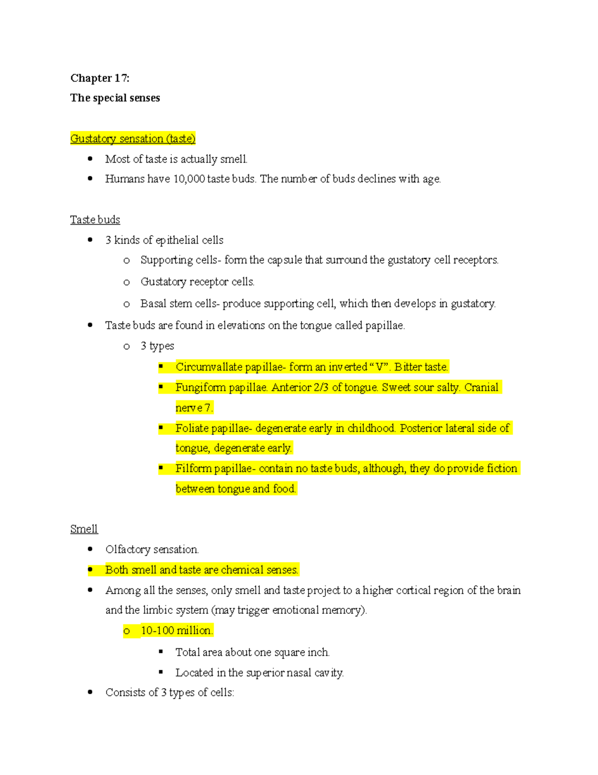 Chapter 17 - Chapter 17: The special senses Gustatory sensation (taste ...