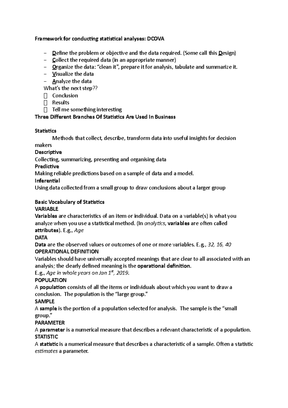 BUSS1020 notes - week 1-2 - Framework for conducting statistical ...