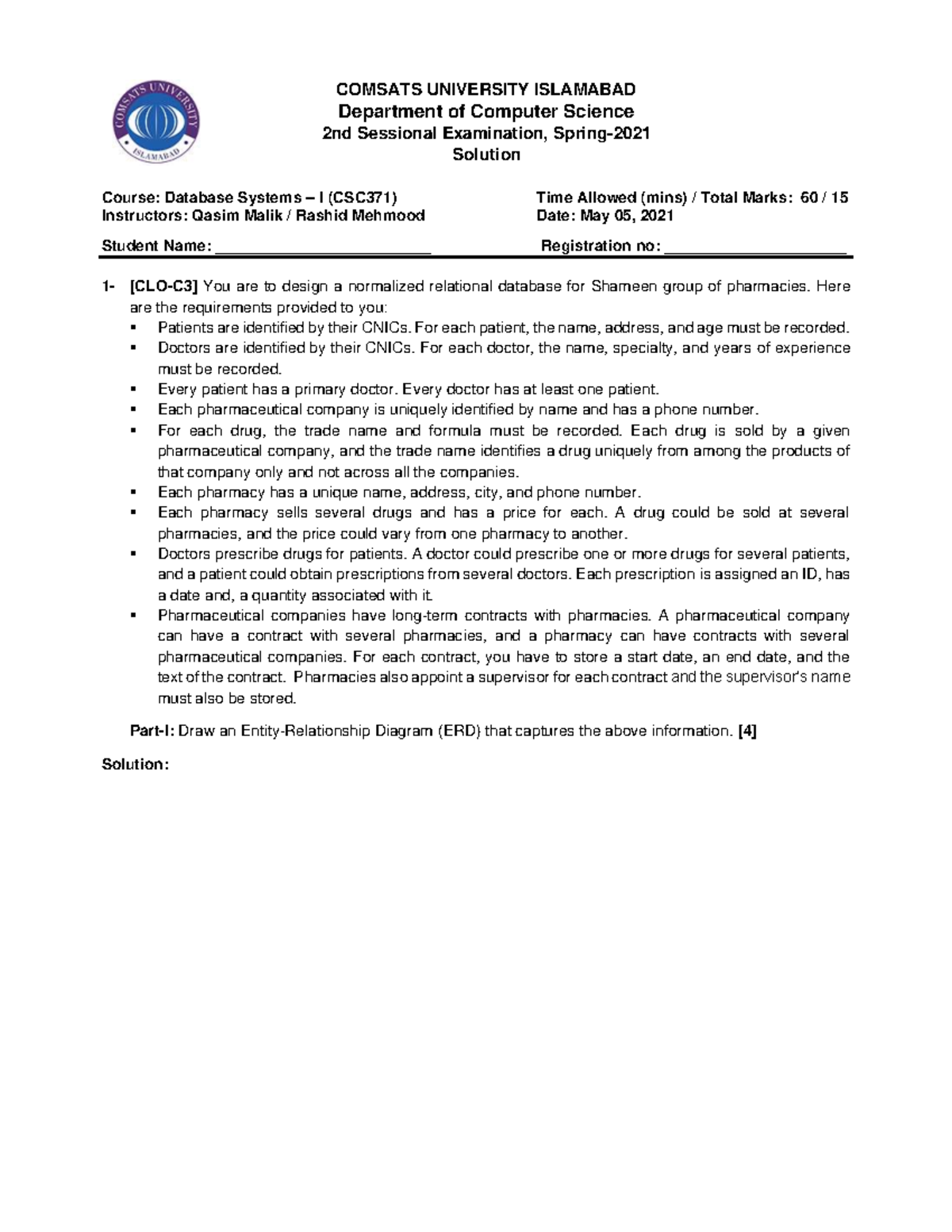 Second Sessional Paper - Spring 2021 - Solution - Database Systems - CUI - Studocu