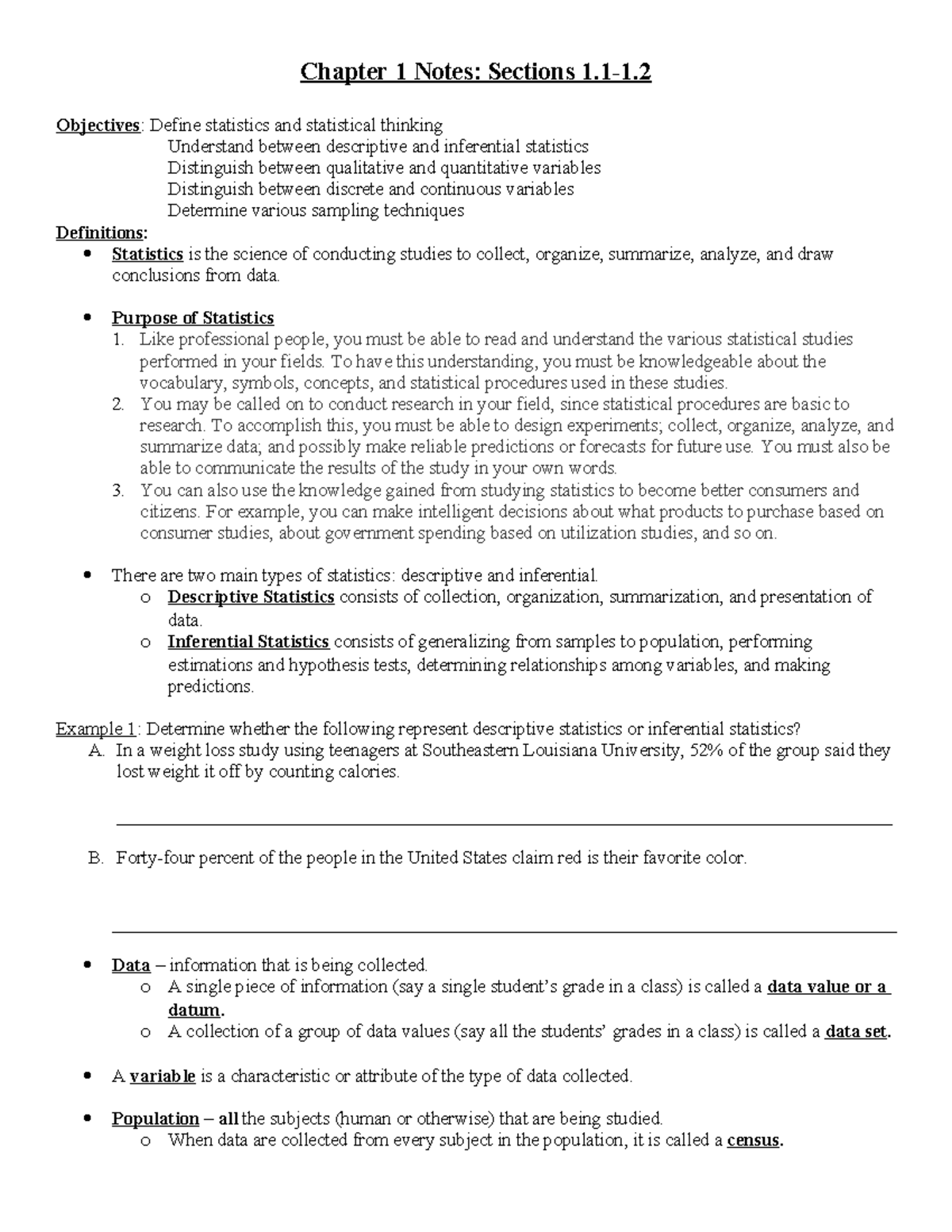 Chapter 1 Notes - Chapter 1 Notes: Sections 1-1. Objectives: Define ...