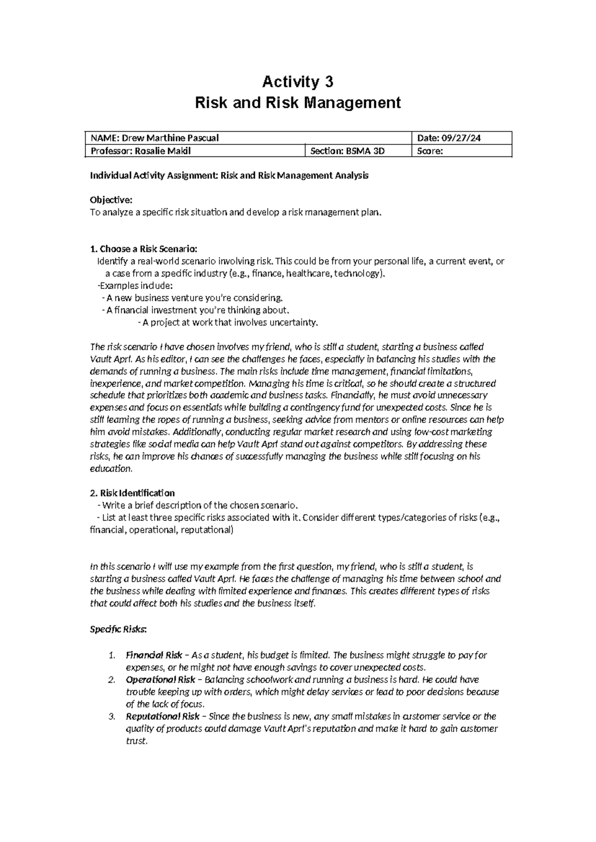 Activity 3 - RISK AND RISK Management - Pascual (BSMA3D) - Activity 3 ...