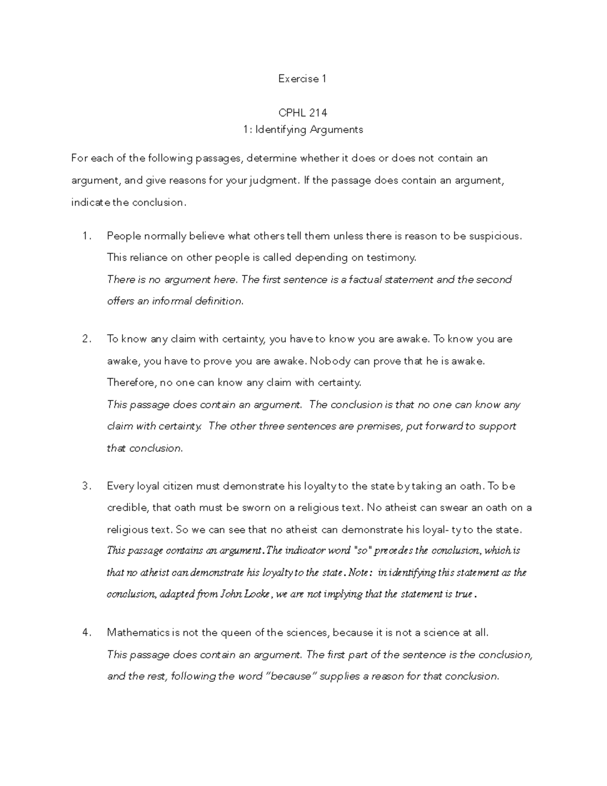 1. Identifying Arguments-Key - Exercise 1 CPHL 214 1: Identifying Arguments For each of the ...