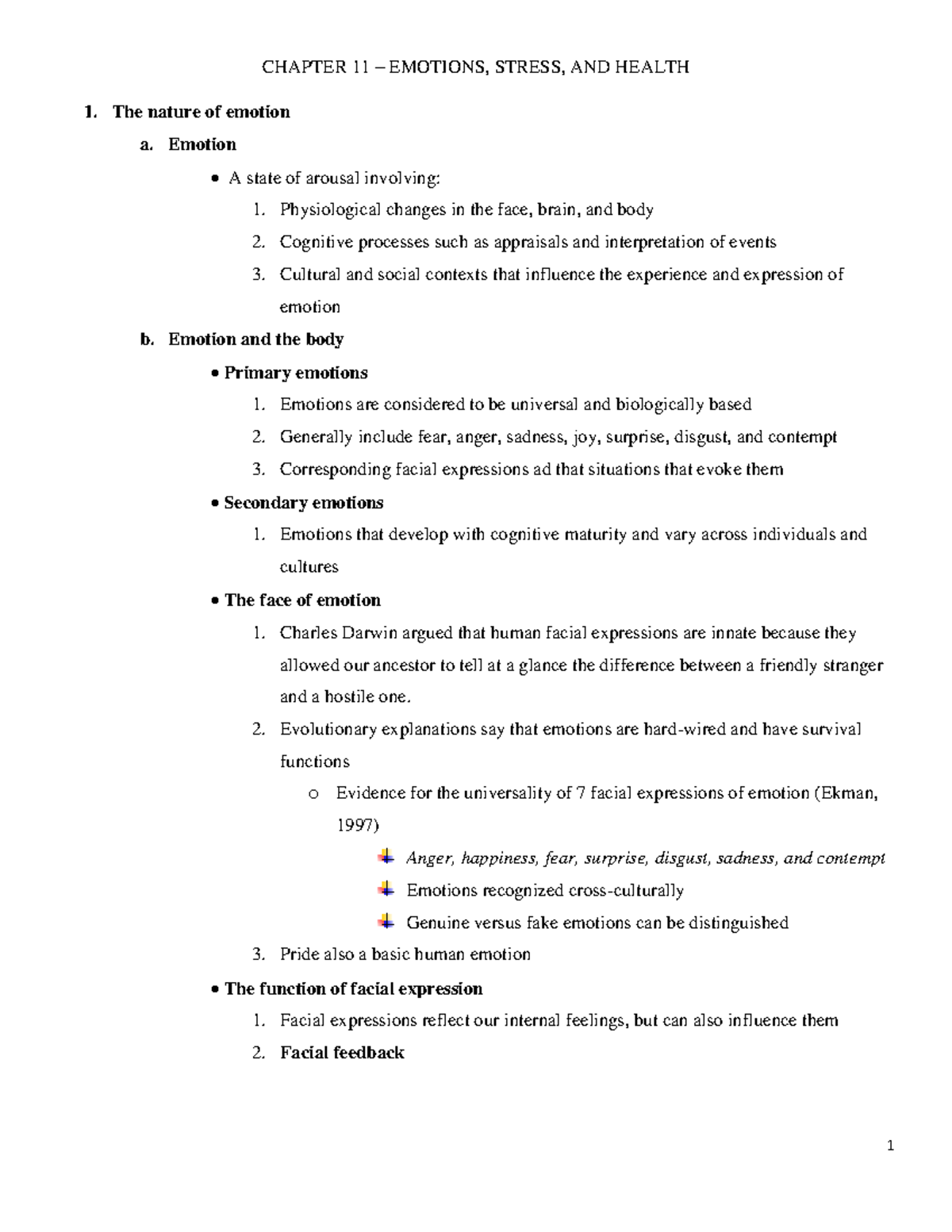 Lecture notes, Chapter 11,12,13,14 - CHAPTER 11 EMOTIONS, STRESS, AND ...