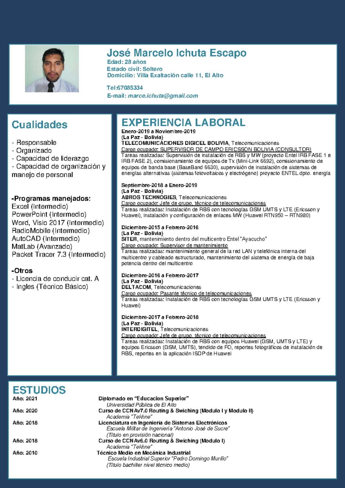 CV JOSE Marcelo Ichuta Escapo - Cualidades - Responsable - Organizado - Capacidad de liderazgo ...