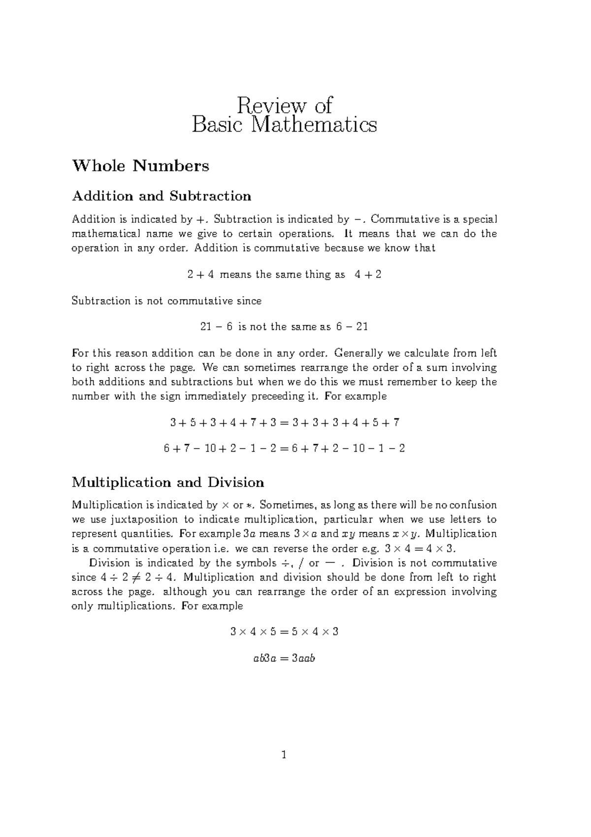 Review of Basic Mathematics - Review of Basic Mathematics Whole Numbers ...