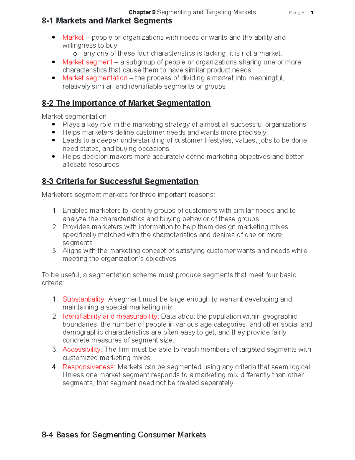 Chapter 8 Notes - 8-1 Markets and Market Segments Market – people or ...