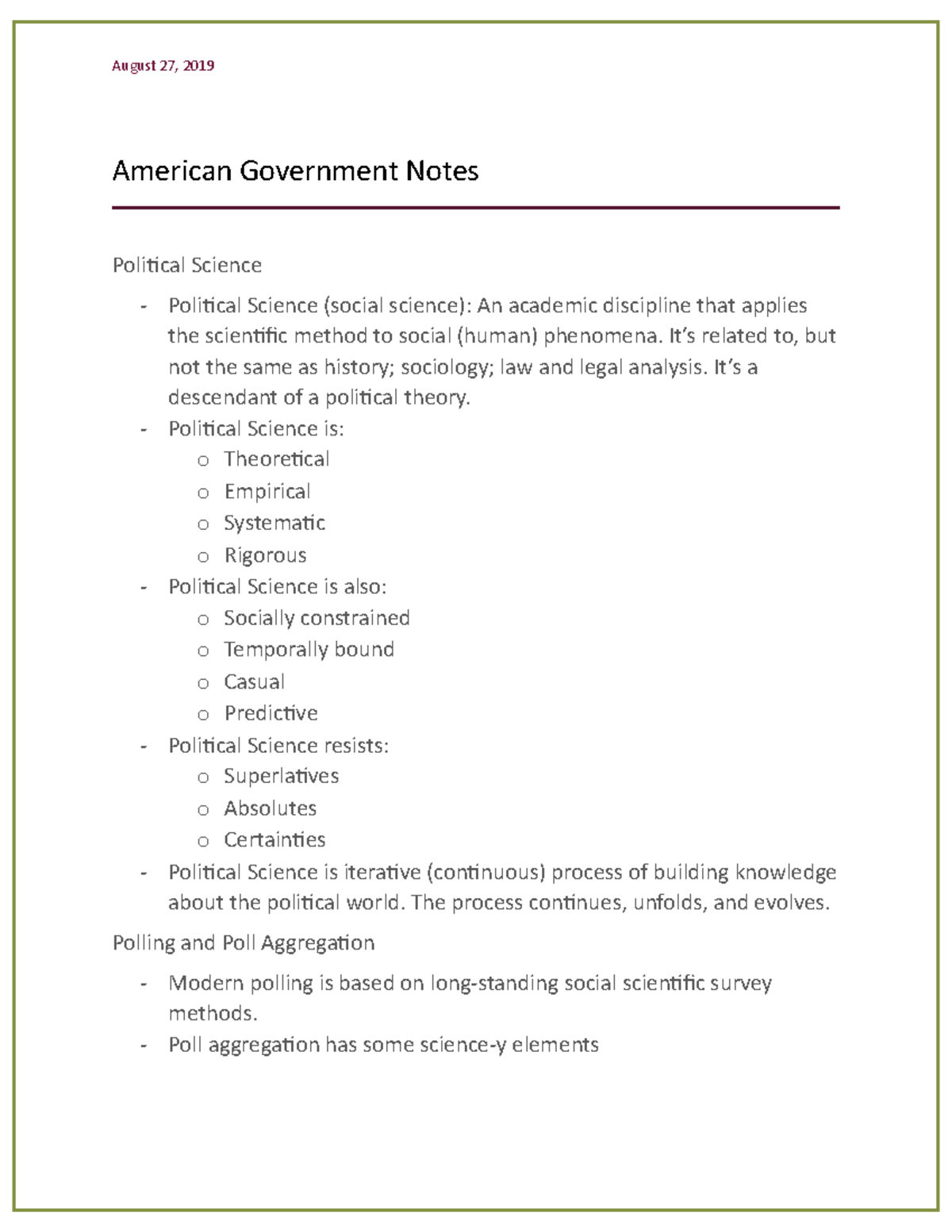 Political Science Notes - August 27, 2019 American Government Notes ...