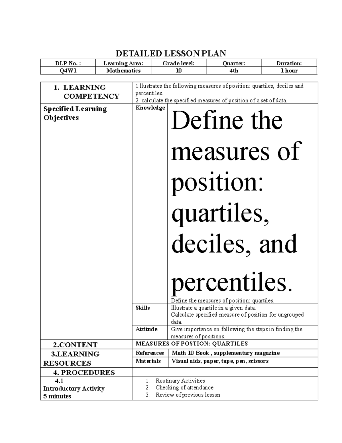Lesson Plan for Demo Teaching - DETAILED LESSON PLAN DLP No. : Learning ...