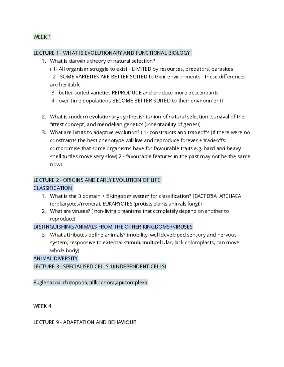 BIOS1101 - Lecture notes 1-14 - WEEK 1 LECTURE 1 - WHAT IS EVOLUTIONARY ...